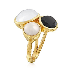 Ross-Simons 8mm Cultured Pearl, Black Onyx and Moonstone Ring in 18kt Gold Over Sterling. Size 6