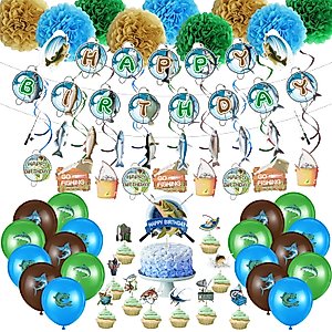 Outus 77 Pcs Gone Fishing Party Decorations Adult Fishing Birthday Party Decoration Include Banner Gone Fishing String Hanging Banner Pom Pom Flowers Hanging Swirls Latex Balloons Cupcake Topper