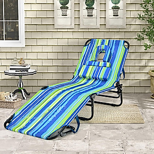 Giantex Tanning Chair, 350lbs Adjustable Patio Lounge Chair w/Face Hole, Removable Pillows, Carry Strap, Layout Chair, Folding Beach Chair, Outdoor Chaise Lounge for Poolside Lawn (1, Stripe)