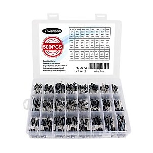 YIWANSON 500 Pcs Capacitor Kit, Aluminum Radial Electrolytic Components, 24 Value Range 0.1uF - 1000uF 10v/16v/25v/50v Capacitors Assortment Kit for Repair TV, LCD Monitor, Radio, Car Audio