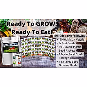 50 Vegetable & Fruit Seeds for Planting Your Outdoor & Indoor Home Seed Garden, Survival Gear Kit Includes 50,000 Seeds A Growing Guide & Mylar Package Gardening Heirloom Non-GMO Veggie Seed B&KM Farm