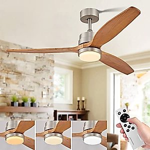 52" Ceiling Fan with Lights Remote Control, Wood Ceiling Fan with 3 Blade & 4 Down Rods Outdoor Ceiling Fan with Remote, Dimmable LED Light, Noiseless Reversible DC for Patio Living Room, Summer House