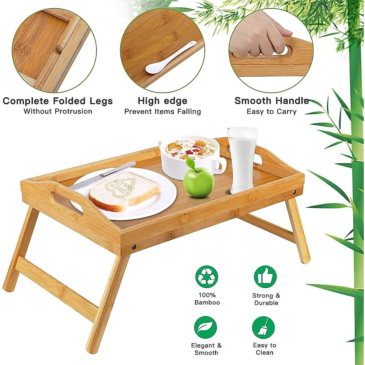 Bamboo Bed Tray Table with Foldable Legs & 5-Piece Bamboo Drawer Organizer Set