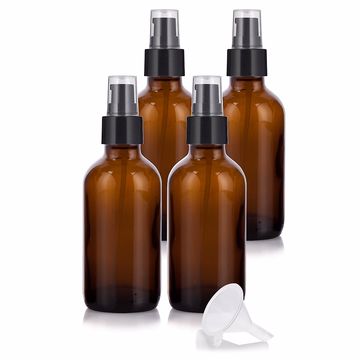 JUVITUS 4 oz Amber Glass Boston Round Bottle with Black Treatment Pump (4 pack) + Funnel