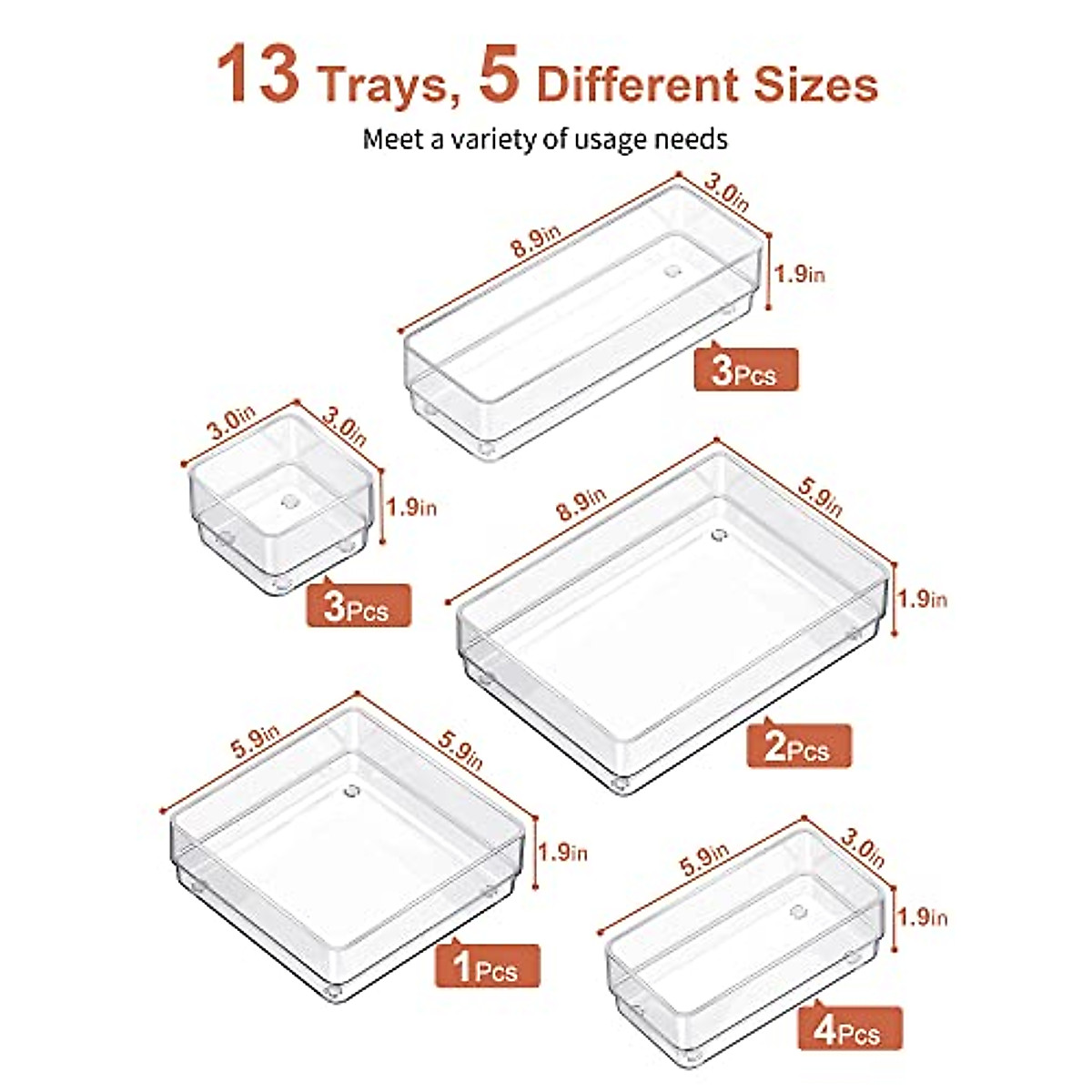 SMARTAKE 13-Piece Drawer Organizer with Non-Slip Silicone Pads, 5-Size Desk Drawer Organizer Trays Storage Tray for Makeup, Jewelries, Utensils in Bedroom Dresser, Office and Kitchen, Clear