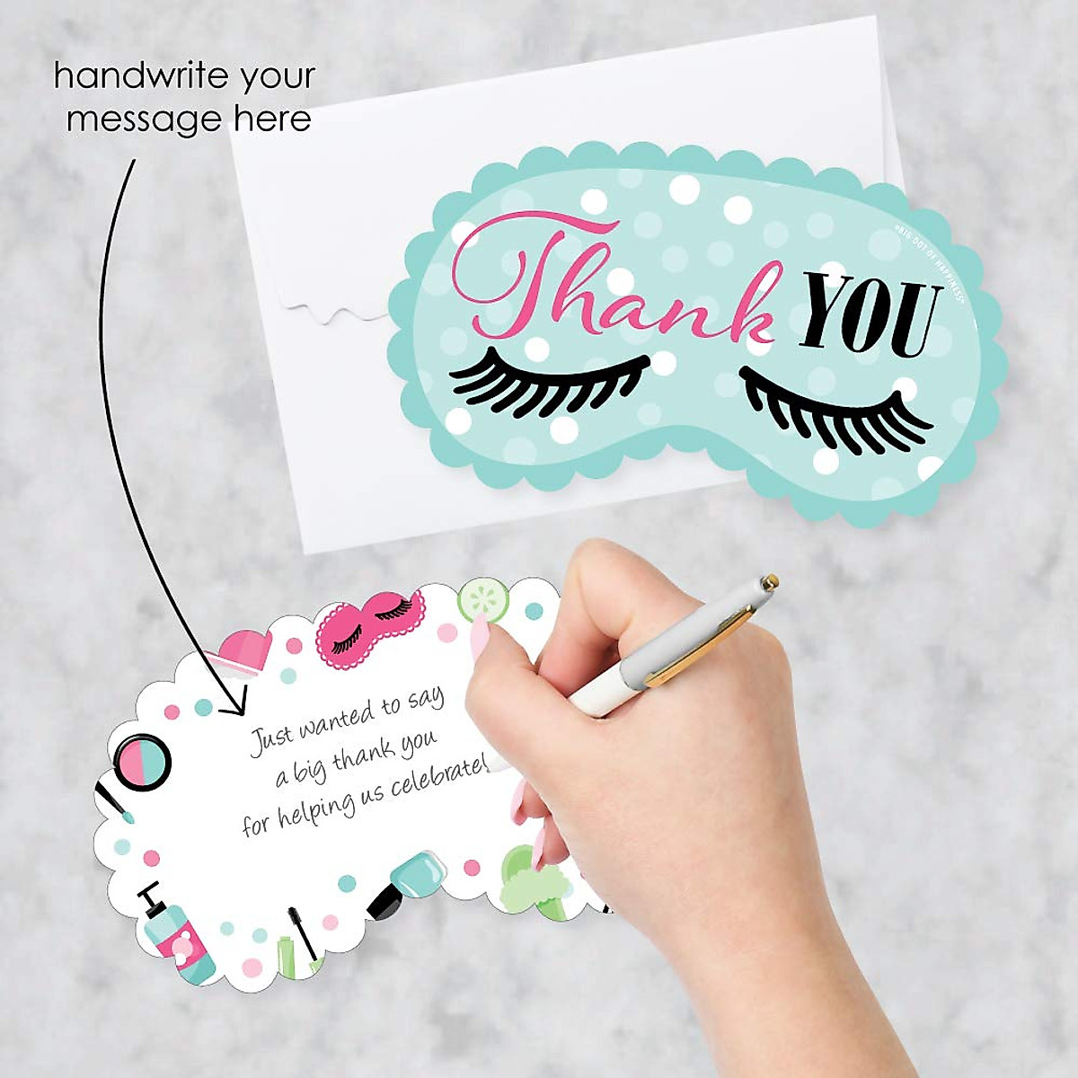 Big Dot of Happiness Spa Day - Shaped Thank You Cards - Girls Makeup Party Thank You Note Cards with Envelopes - Set of 12