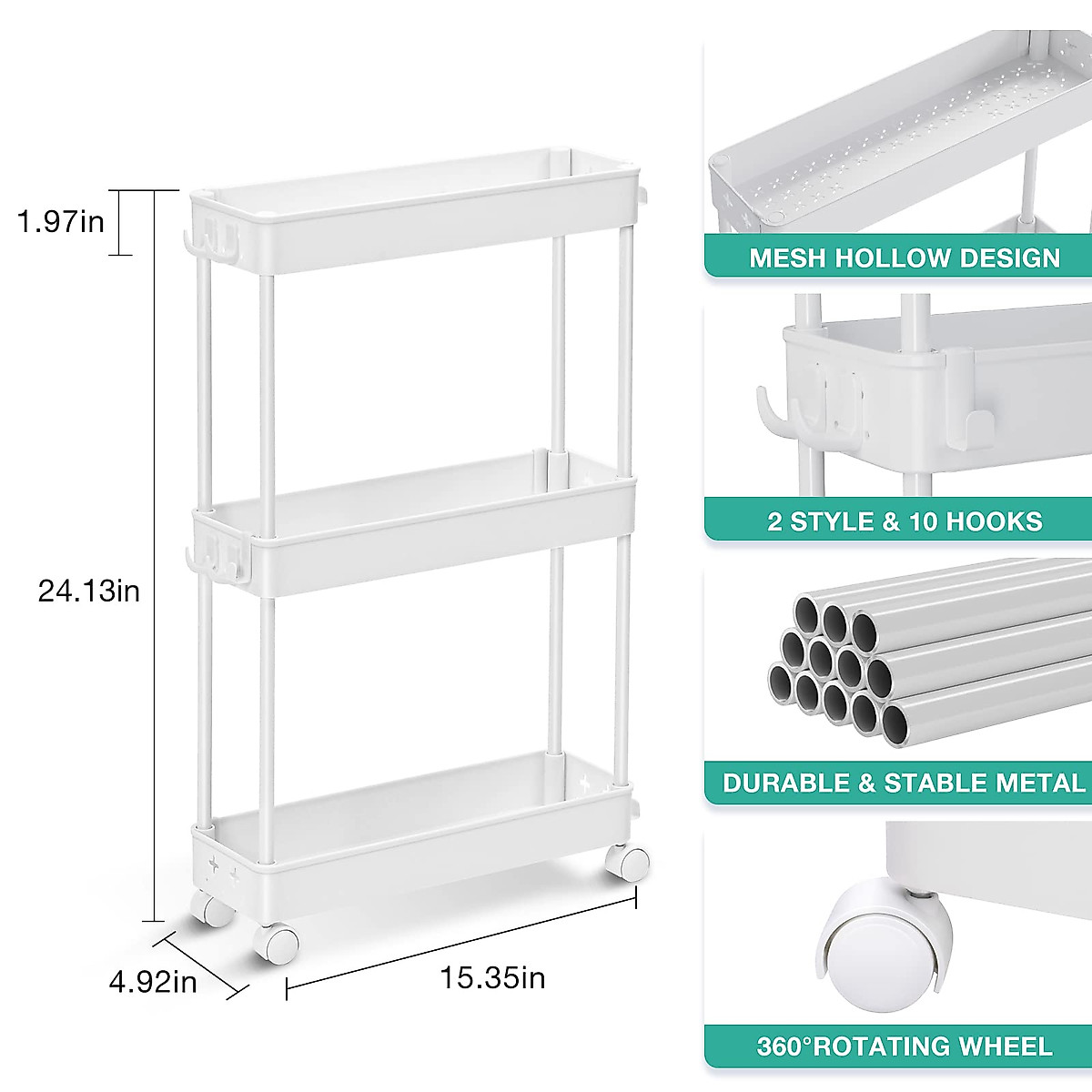 TOOLF Slim Rolling Storage Cart, 3 Tier Utility Cart on Wheels with Hooks, Bathroom Rolling Cart Organizer, Thin Mobile Shelving Unit for Laundry Kitchen Dorm for Nursery Diaper Craft Snack, White