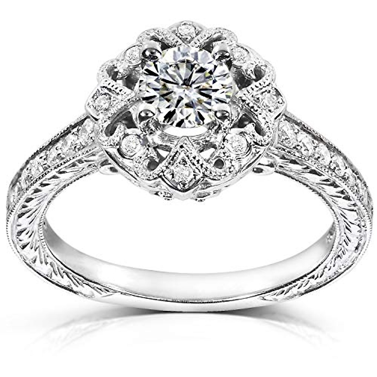 Kobelli Moissanite (GH) and Diamond Floral Antique Style Engagement Ring 2/3 CTW 14k White Gold, 10