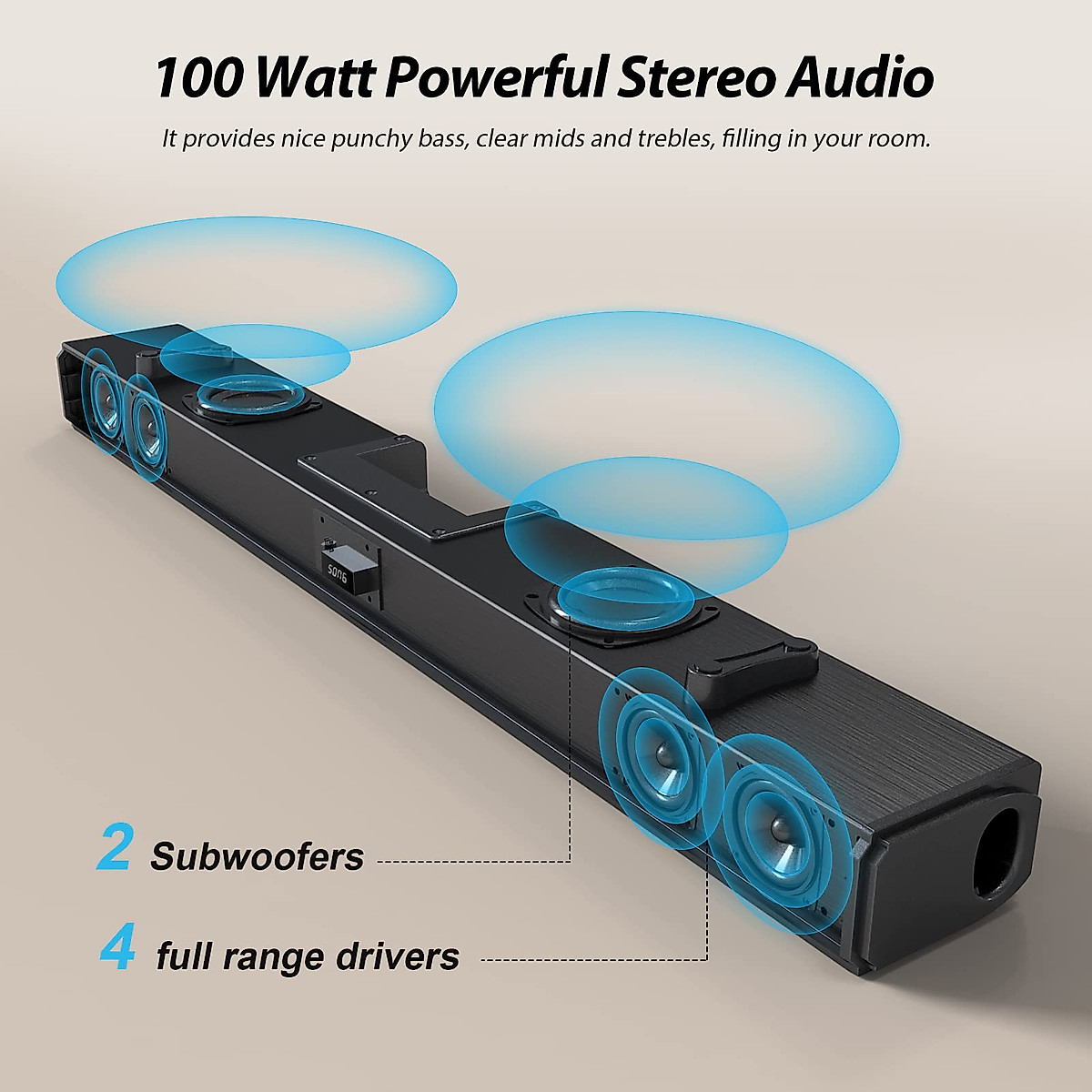 Sound Bars for TV, KMOUK Sound Bar with Built-in Dual Subwoofers, Soundbar with 6 Speakers, 4 Equalizer Mode Bluetooth 5.0, HDMI ARC/Optical/AUX Connection, 100W Soundbar 2.1 with Bass