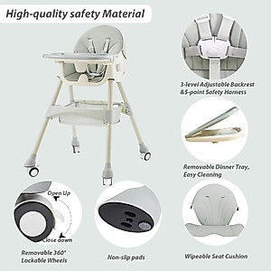 High Chair 4 in 1, High Chairs for Babies and Toddlers, Convertible High Chair with Removable Plastic Tray, 360° Lockable Wheels, Adjustable Backrest & Safety Harness(Green)