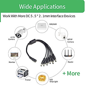 Security-01 2-Pack 1 to 6 Way DC Power Splitter Cable, Plug 5.5mm x 2.1mm for CCTV Cameras LED Light Strip and More