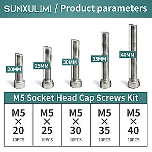 M5 x 20mm 25mm 30mm 35mm 40mm Socket Head Cap Screws Bolts Stainless Steel 304 Metric Machine Hex Socket Screw, 50PCS