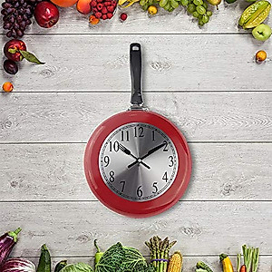 Timelike Wall Clock, 10 inch Metal Frying Pan Kitchen Wall Clock Home Decor - Kitchen Themed Unique Wall Clock with a Screwdriver (Red)