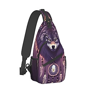 Dream Catcher Wolf Sling Backpack Crossbody Shoulder Bags For Women Men Native American Indian Casual Daypacks Adjustable Chest Bag For Hiking Travel