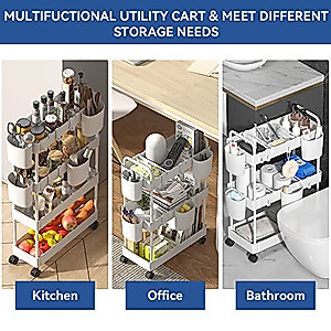 TiLeMiun 3-Tier Storage Rolling Cart Storage Utility Cart Rolling Multifunctional Organizer Mobile Shelving Unit Storage Shelves Slide Out Trolley Cart Bathroom