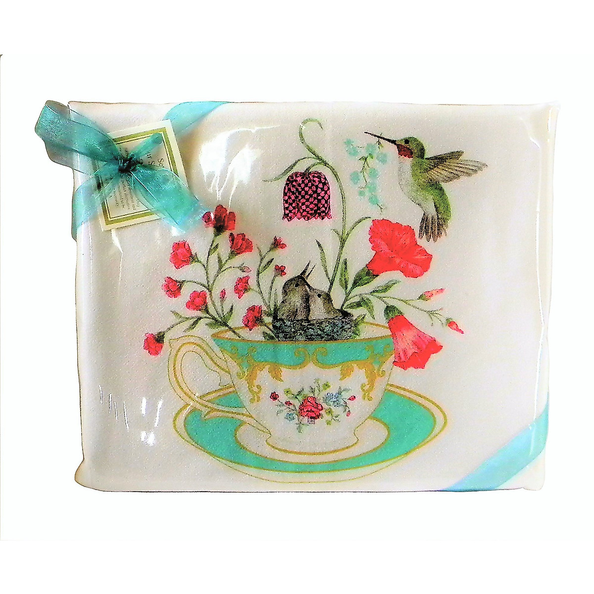 Alice's Cottage Hummingbirds and Teacup Flour Sack Kitchen Towels Set of 2 Cotton