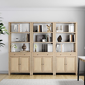 MECHYIN Bookshelf, Bookcase Rattan Boho, Tall 5 Tier Bookshelf Storage Cabinet with Doors and Shelves for Living Room, Bedroom, Kitchen& Library (2 Pieces)