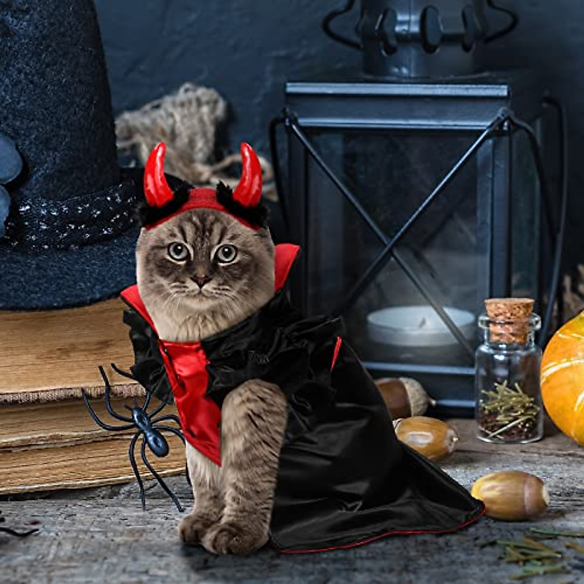 4 Pcs Halloween Pet Costume Set, Funny Vampire Cape Cloak Devil's Horn Headband Bat Wings with Bell Vampire Costume for Cat and Small Dogs, Cat Outfit Clothes for Halloween Party Pet Cosplay (Large)