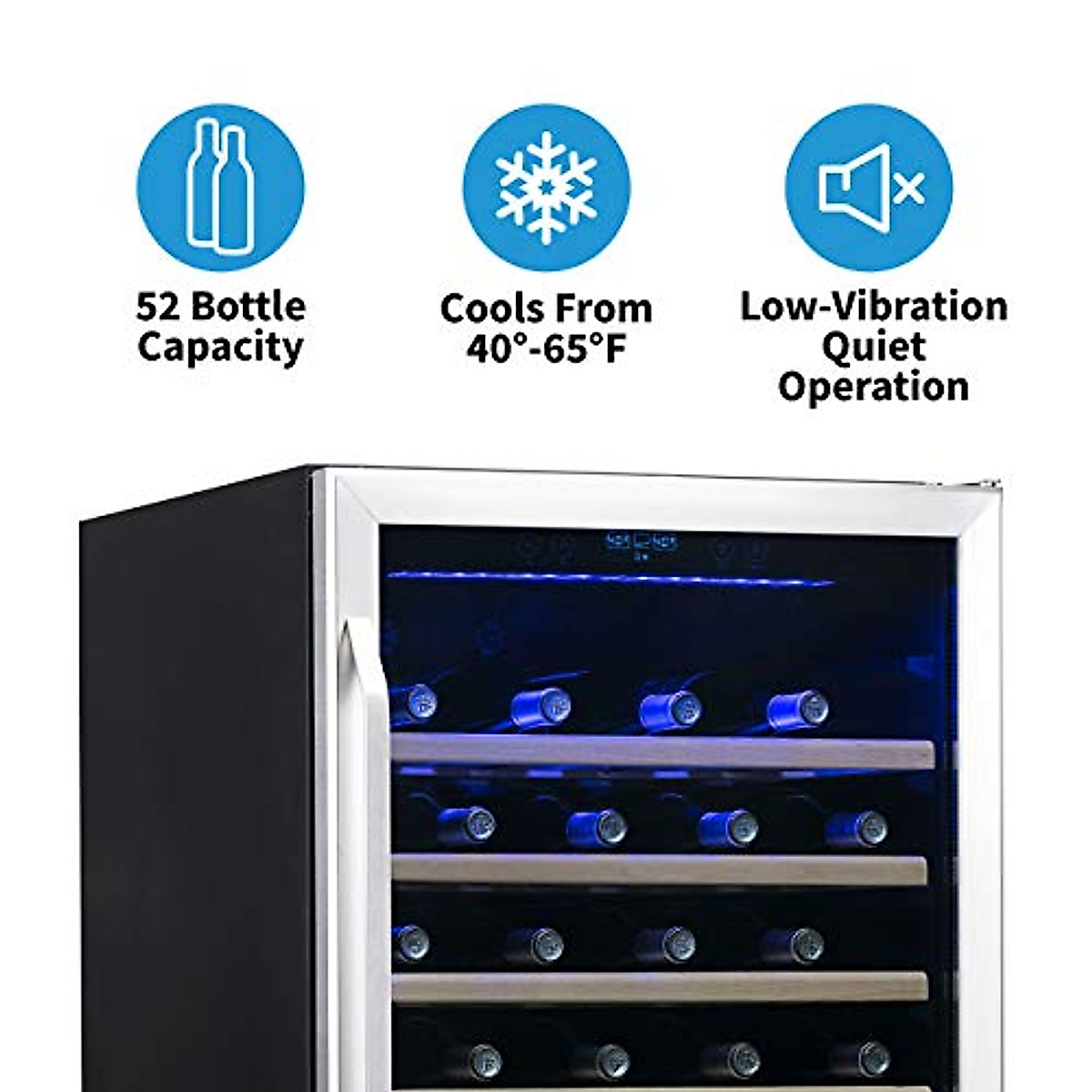NewAir 24" Built-In 52 Bottle Compressor Wine Fridge in Stainless Steel with Precision Digital Thermostat and Premium Beech Wood Shelves