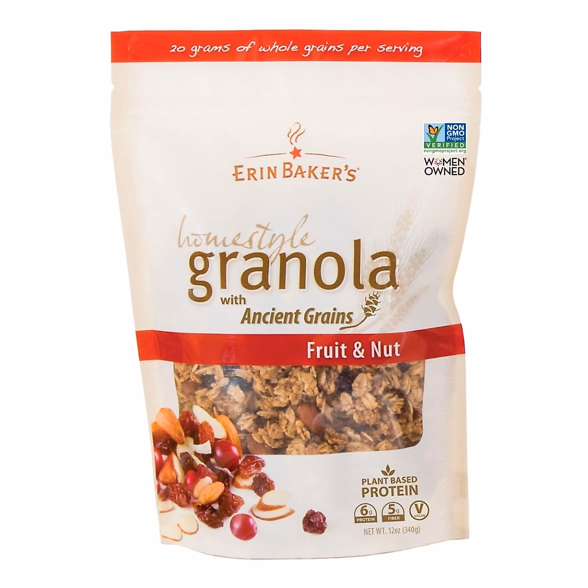Erin Baker's Homestyle Granola, Fruit & Nut, Ancient Grains, Vegan, Non-GMO, Cereal, 12 Ounce (Pack of 6)