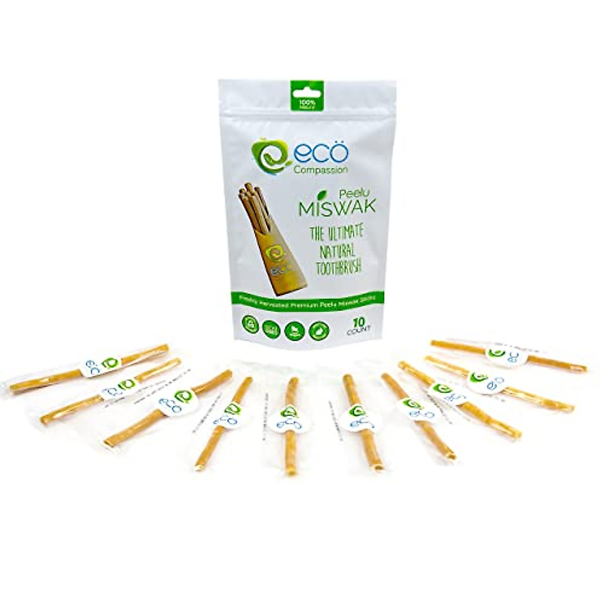 10 Peelu Miswak Sticks for Teeth by Eco Compassion, 100% Natural Toothbrush | Eco Friendly Sewak Chewing Stick | Best Natural Teeth Whitening Pen | Whiter, Fresher Breath | A Healthy Manual Toothbrush