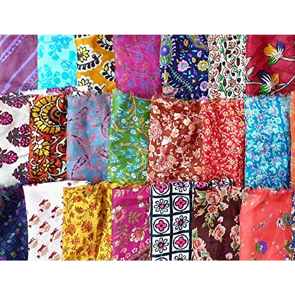 Vintage Fabrics Crafts Saree Silk Remnants DIY Scraps Fabric Sari Fabric Material 50 Small Pieces Small Floral Pieces for Art and Craft Scrapbook Art Doll Junk Journal