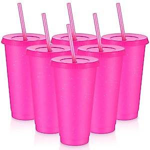6 Pcs Reusable Tumbler with Lids and Straws Plastic Iced Coffee Tumbler Glitter Travel Mug Cup for Smoothie Juices Birthday Party Cold Drink Cup Coffee Cup Bulk for Adult Kid Women (Rose Red,24 oz)