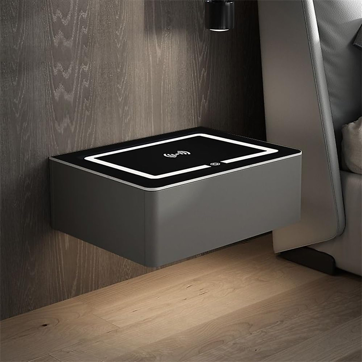 Smart Bedside Table, Wireless Charging Floating Nightstand with Drawers, Wall Mounted Nightstand with Adjustable Touch Sensing Lighting, Wall Night Table with Leather Surface for Bedroom(Color:Dark Gr