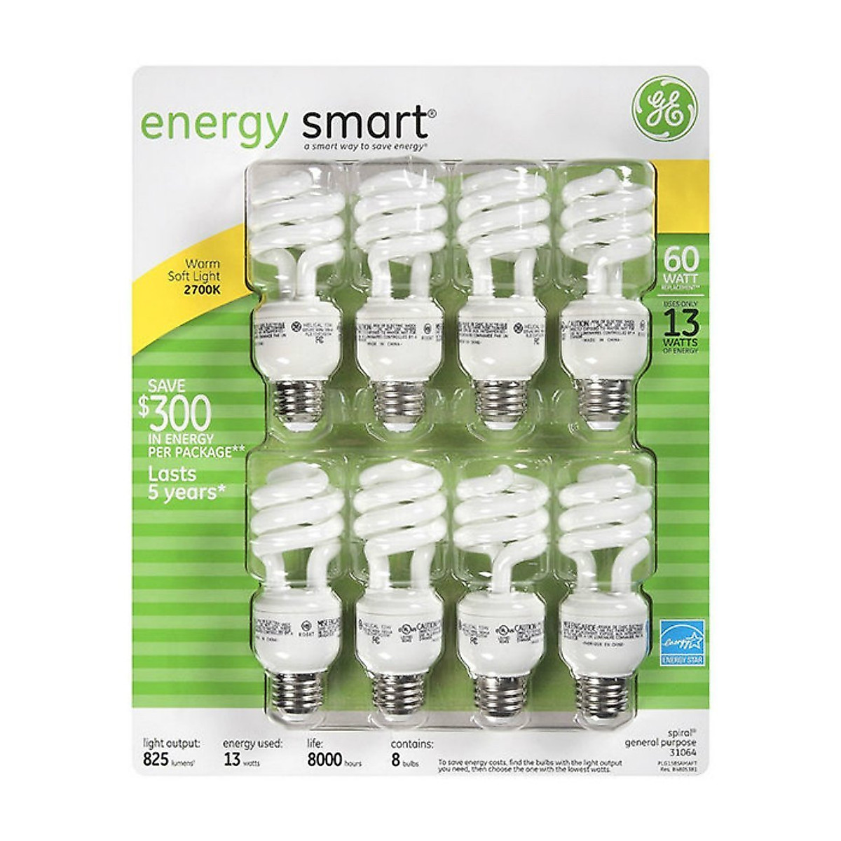 GE 13-Watt Energy Smart Fluorescent Light Bulbs, 8 Pack, 60 Watt Replacement