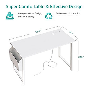 Lufeiya 39 inch White Computer Desk with Power Outlet, 40 inch Teen Study Table Home Office Work Writing Desks with Charging Station Outlets Built in, White