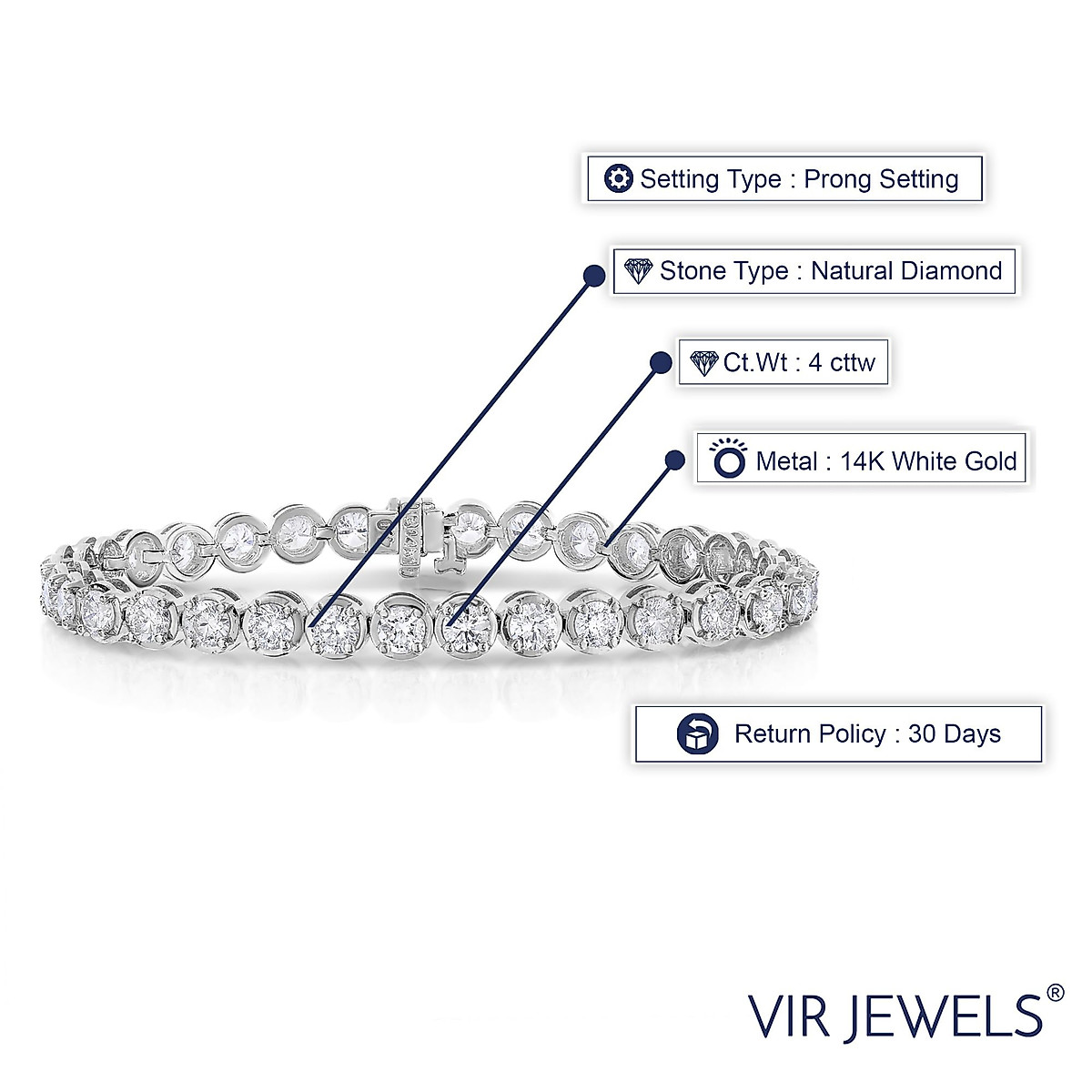 Vir Jewels 4 cttw IGI Certified SI2-I1 Clarity Diamond Bracelet 14K White Gold J-K 7 Inch