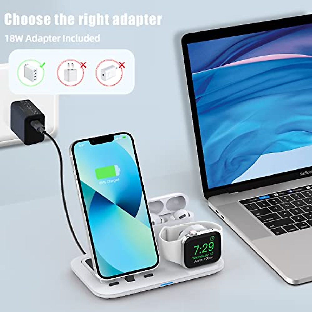 OLEBR 3 in 1 Charging Station for Multiple Devices Apple Bedside Charging Stand for iPhone and Apple Watch 7/6/SE/5/4/3/2/1 Charging Dock for AirPods Pro/3/2/1 (with 12W Fast Charger) White