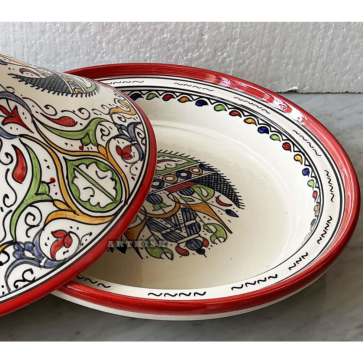 ARTKISH Large Ceramic Tajin Pot for Cooking and Serving Ideal Housewarming Gift - Artisan Moroccan Clay Tagine Pot Slow Cooker, Hand Painted Pottery Cookware. (30cm = 12 inch)