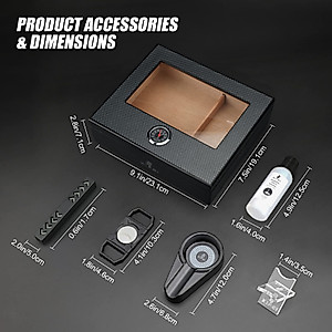 XIFEI Cigar Humidor, Glass Top Carbon Fiber Texture top Inlay Hygrometer,Including Cigar humidifier, Acrylic Cigar Stand,Cigar Ashtray and Humidor Solution, Holds 25-60 Cigars (9IN*7.5 * 2.8)