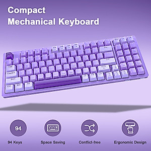 HUO JI Mechanical Gaming Keyboard USB Wired Compact with Number Pad, Purple Led Backlit, Red Switch, Detachable Type C Cable, 94 Keys for PC/Computer/Laptop, Purple and White