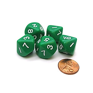 Koplow Games Set of 5 D10 10-Sided 20mm Opaque RPG Dice - Green with White Numbers