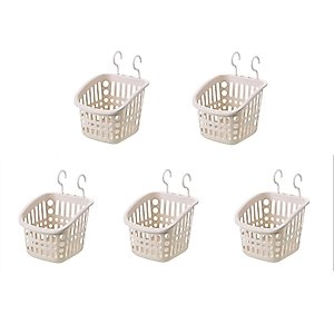 Doitxue 5PCS Plastic Hanging Baskets for Shower, Hanging Basket Organizer with Hooks, Square 6.3Inches Small Hanging Storage Basket (Beige)