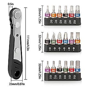 Tonsiki Right Angle Screwdriver 19PCS Mini Ratchet Set Low Profile Offset Screwdriver Bit Set 90 Degree Screwdriver with 36-Teeth Ratcheting Wrench for Tight Space