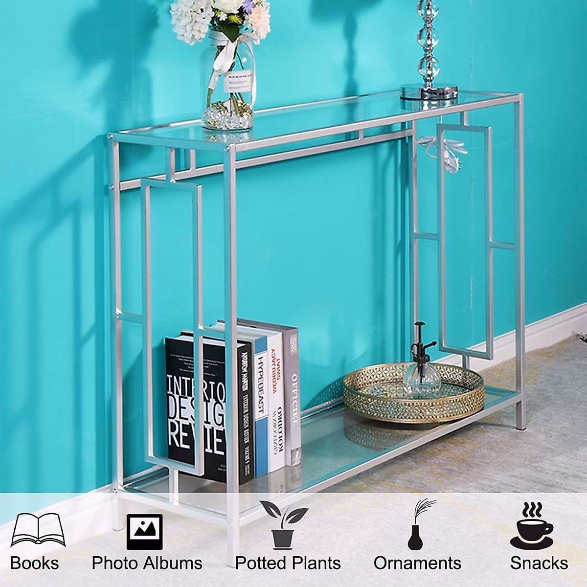 SSLine Toughened Glass Console Table,Clear Glass Accent Console Sofa Table,Entry Tables with Shelf for Hallway, Sofa Living Room,Narrow Spaces