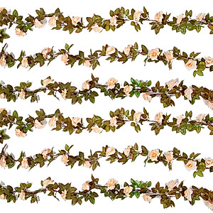 Pauwer 6PCS(44.3FT) Artificial Rose Vine Silk Flower Garland Hanging Fake Roses Flowers Plants for Home Garden Office Hotel Wedding Party Decor, Champagne