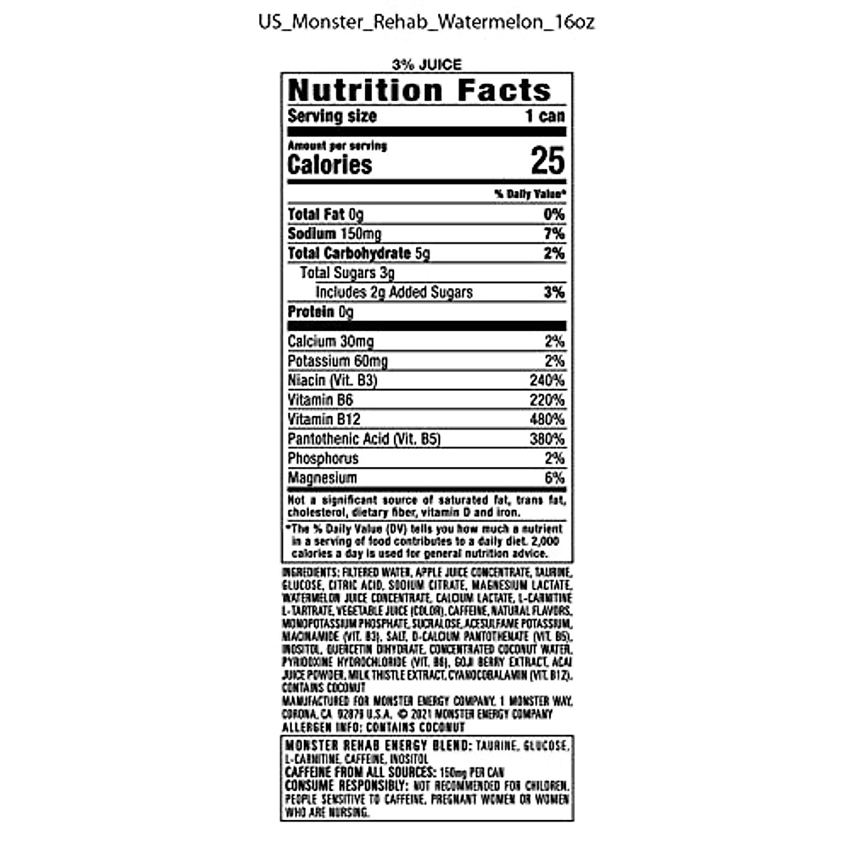 Monster Rehab Watermelon + Energy, Energy Drink, 15.5 Ounce (Pack of 15)