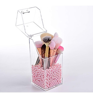 Jucoan Clear Acrylic Makeup Brush Holder with Lid, Pink Pearls, Cosmetic Makeup Brushes Holder with Cover, Brush Storage Organizer Case for Bathroom, Bedroom, Vanity, Countertop