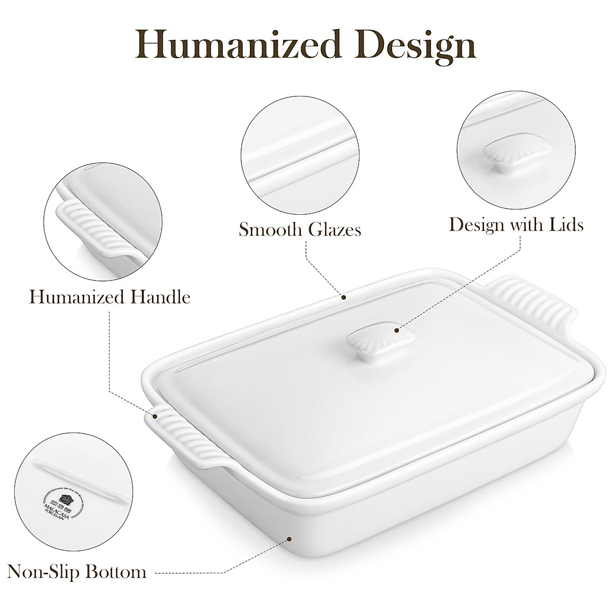 MALACASA 3.4 Quart Baking Dish With Lid, Porcelain Casserole dish with Lid, 13 x 9 Lasagna Pan Deep with Lid, Rectangular Bakeware With Handle, Microwave, Oven Safe, White, Series BAKE