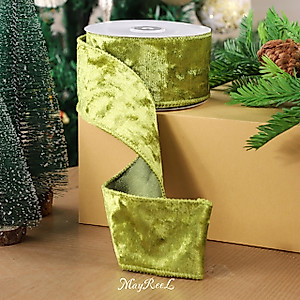 MAYREEL 2.5 Inch Moss Green Crushed Velvet Ribbon Wired for Christmas Decorations Gift Wrapping Wreaths Tree Toppers 10 Yards
