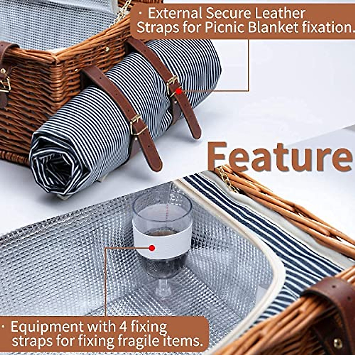 Picnic Baskets for 4 Persons Retro Classic Willow Hamper Set with Waterproof Blanket for Camping &Outdoor Party (Retro Style)