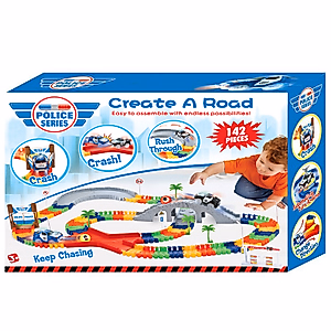 142 Pieces Police Patrol Chase Create a Road Super Snap Speedway - Magic Journey Flexible Track Set with LED Light Up Toy Cars