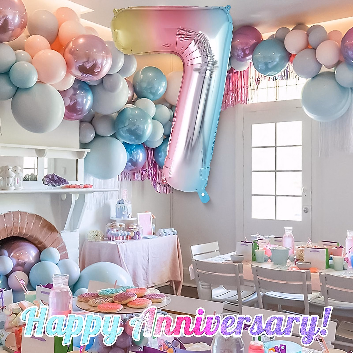 Rainbow Gradient Number 7 Balloon, 40 Inch Big Large Foil Number Balloons, Giant Mylar Number 7 Balloons for 7 Year Old Birthday Party Decorations Supplies Anniversary Celebration