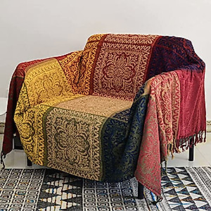 CUEERBOT Bohemian Throw Blankets Colorful Boho Sofa Throw Cover Chenille Jacquard Tassels Reversible Woven Aztec Blankets for Couch Bed Red 60" x 75"