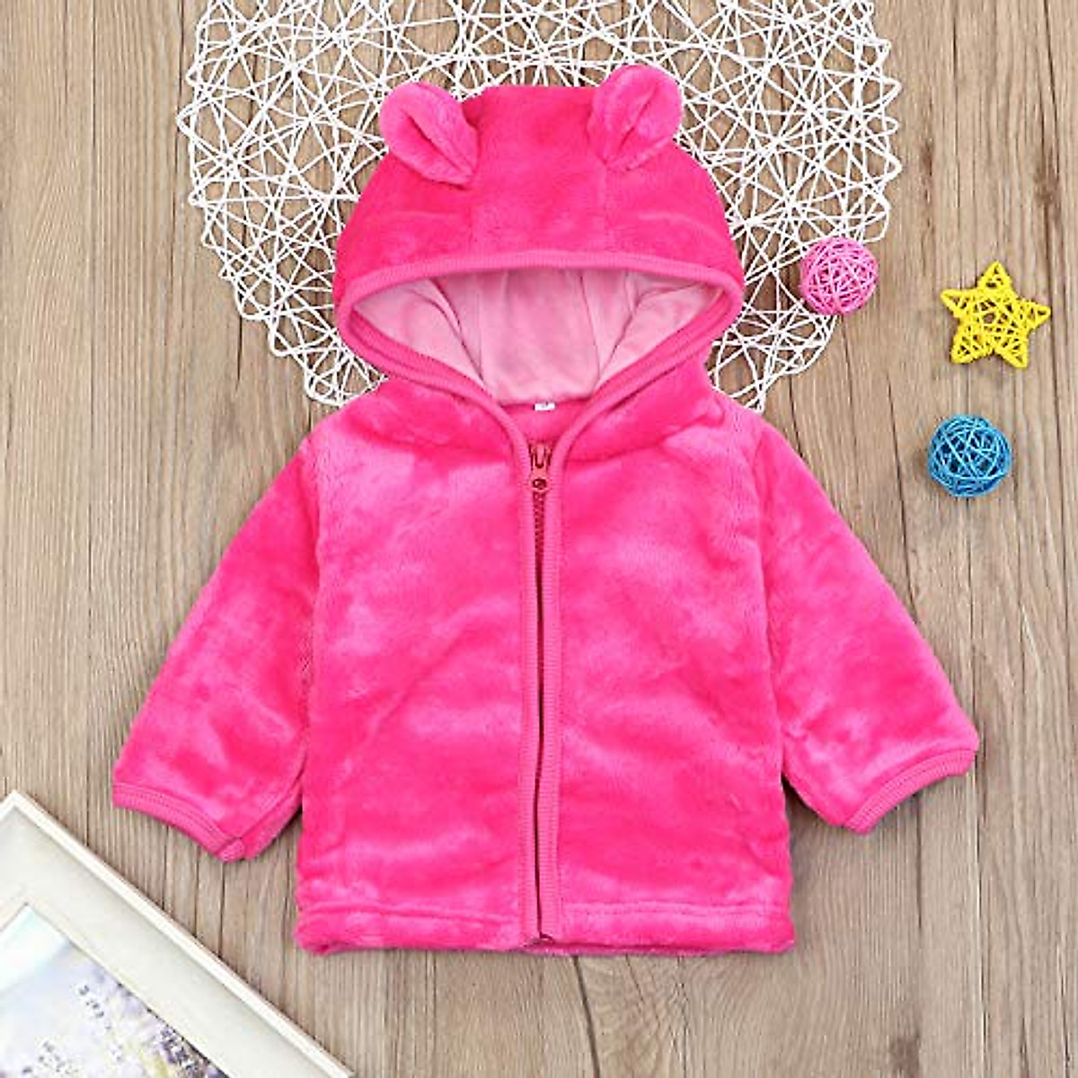 Noubeau Infant Baby Boys Girls Fleece Ears Hat with Lined Hooded Zipper Up Jacket Coat Tops Outwear Overcoat Warm Fall Winte (Pink, Tag size L, US 12-18Months)