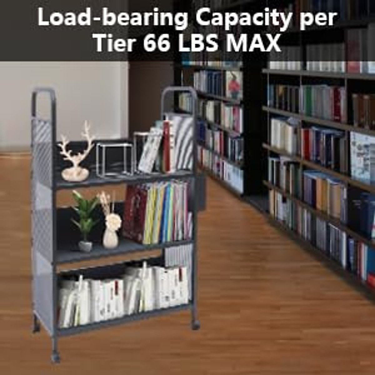 DDBESSIC Rolling Book Cart, 3 Tier Book Rack Storage Bookshelf with 3 Flat Shelves, Movable Bookcase with Wheels Utility Organizer Cart Side Literature Rack